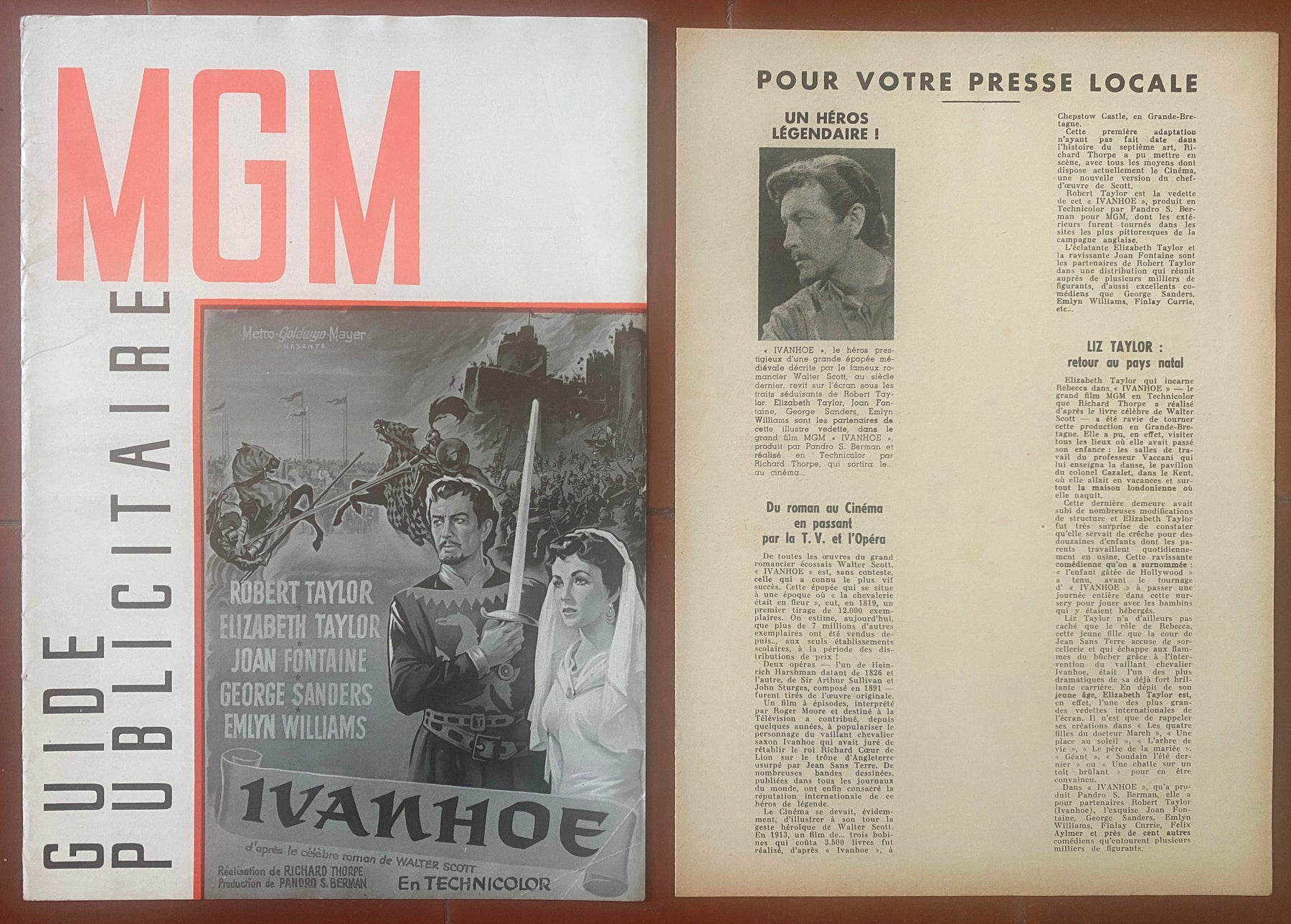 Dossier de presse IVANHOE Robert Taylor ELIZABETH TAYLOR Joan Fontaine ...