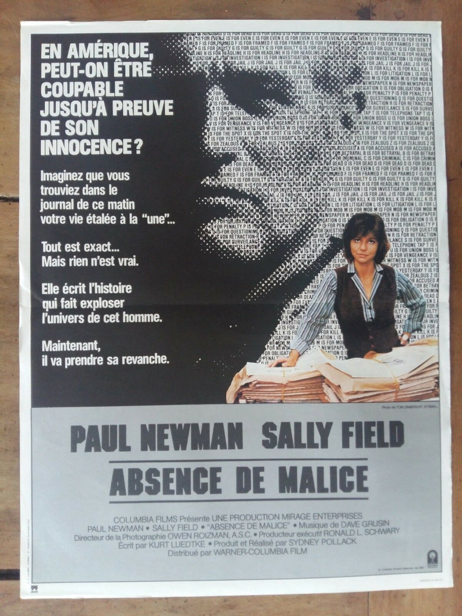 Poster ABSENCE OF MALICE sydney POLLACK paul NEWMAN sally FIELD 40x60c ...