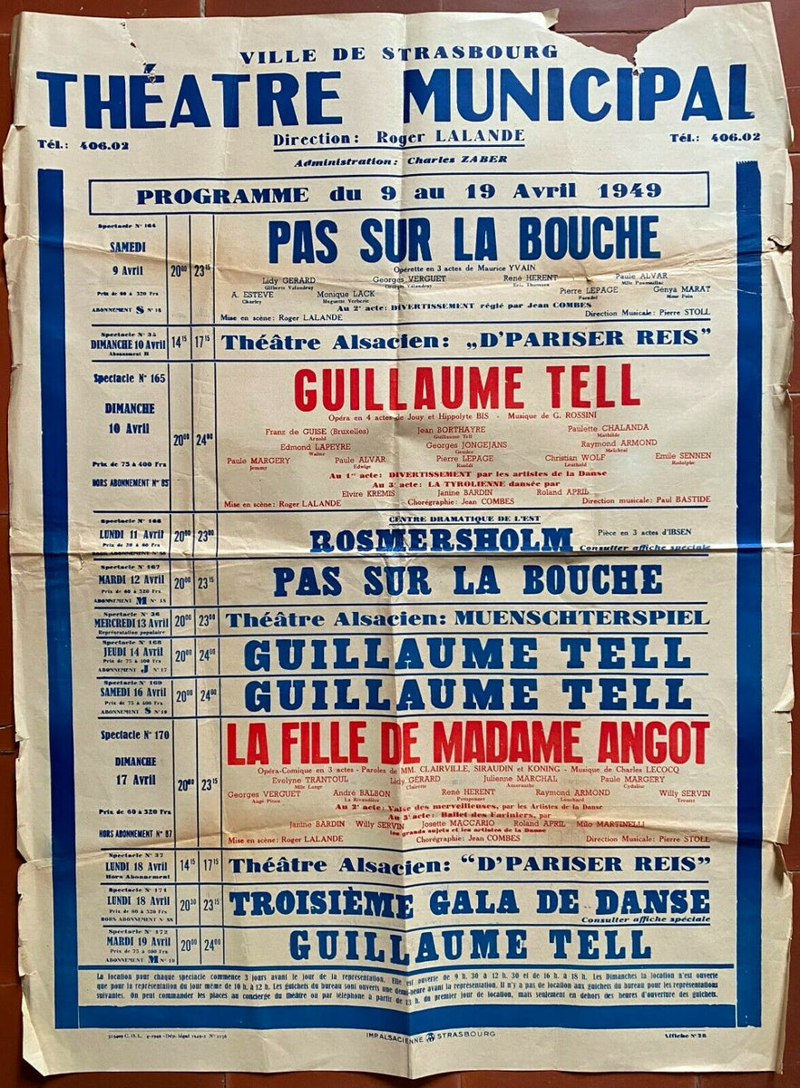 Strasbourg Theater Poster NOT ON THE MOUTH Guillaume Tell 65x88cm 1949 ...